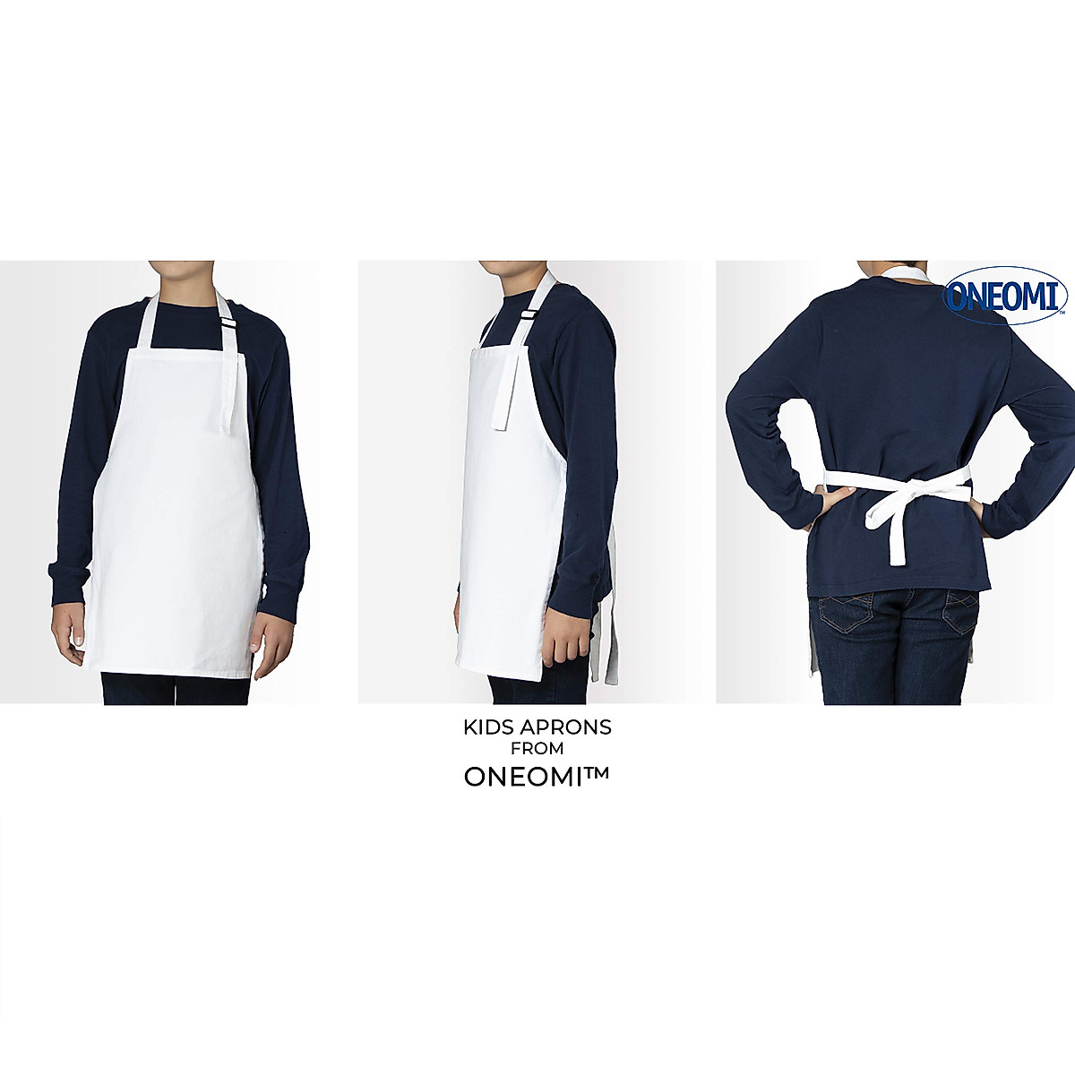 ONEOMI Kids Apron, Medium, 100% Cotton With An Adjustable Strap to fit All Ages, Ideal for Cooking, Baking, Painting, Decorating, Party, Chef, Art and Classroom Children Apron (1, White)