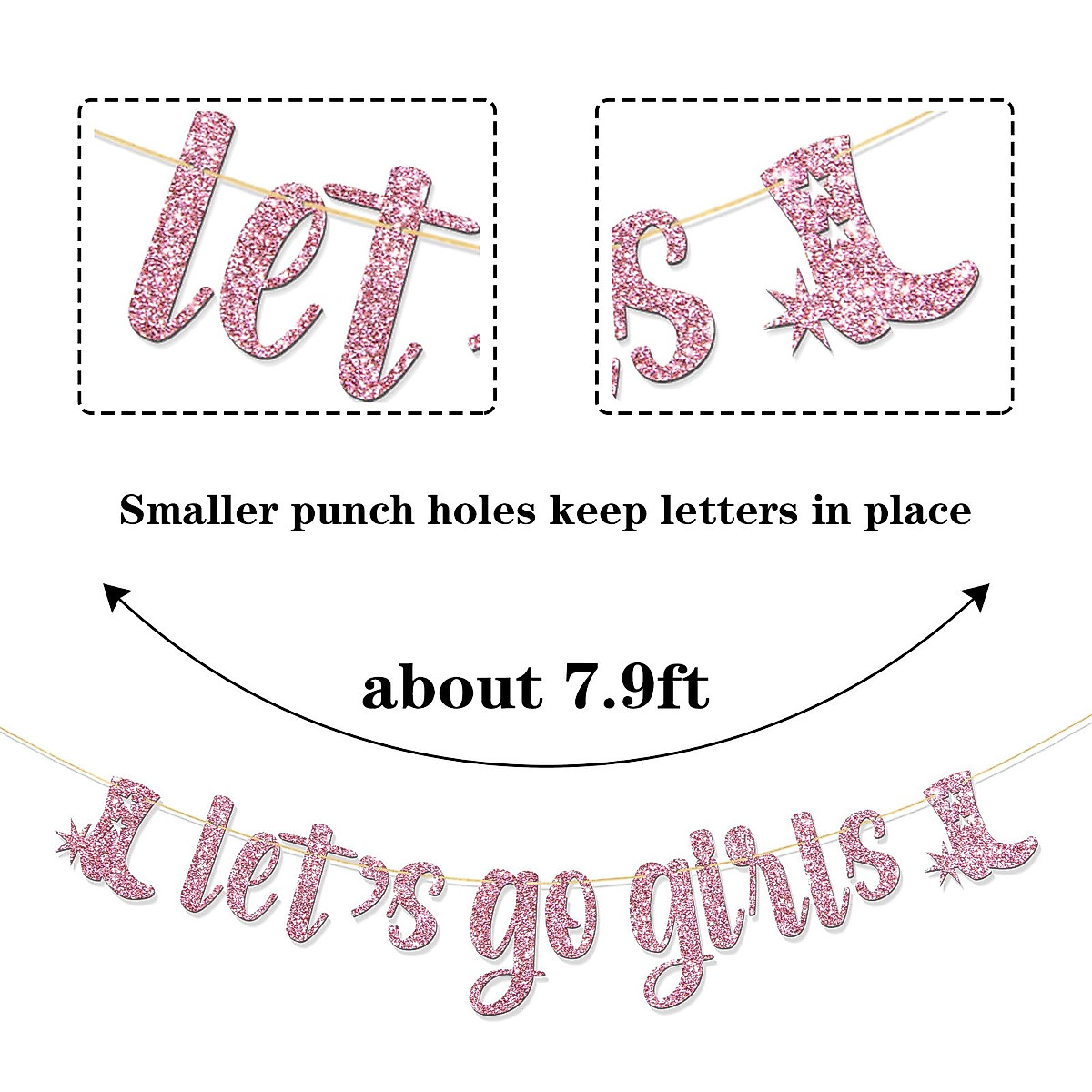 RoadSea Let's Go Girls Banner - Cowgirl Birthday Party Garland Supplies - Western Mexican Wedding - Bachelorette Party Decorations - Pink Glitter