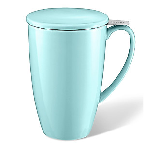 Yedio Porcelain Tea Mug with Infuser and Lid- 15 Ounce Tea Cup with Filter for Tea, Milk, Coffee, Loose Leaf Tea Infusers, Turquoise