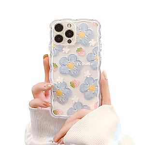 Ownest Compatible for iPhone 13 Pro Max Clear Case 6.7 Inch with Flower Cute Strawberry Lace Design for Girls Woman TPU Protective Slim Shockproof Floral Case for iPhone 13 Pro Max-Blue