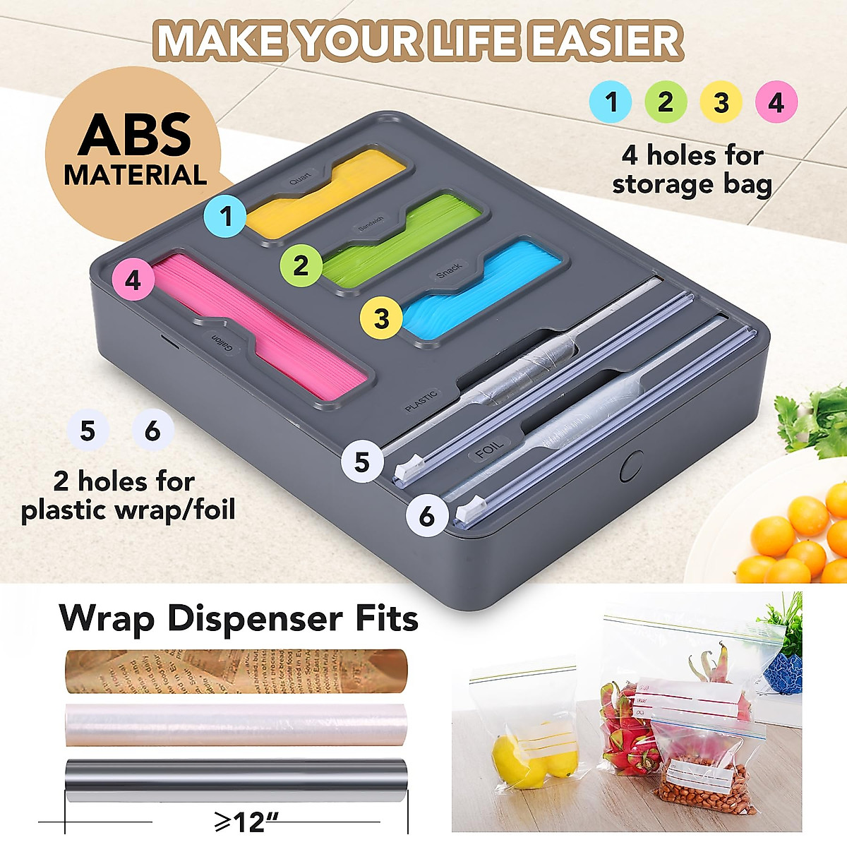 CiWiVOKi Storage Bag Organizer for Kitchen Drawer, Foil and plastic Wrap Organizer with Cutter, Plastic Kitchen Organizers and Storage for Sandwich Gallon Quart Snack Bags, 12" Aluminum Foil, Grey