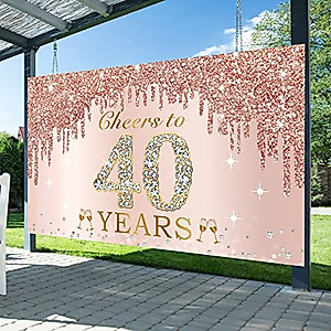 Large Cheers to 40 Years Birthday Decorations for Women, Pink Rose Gold Happy 40th Birthday Banner Backdrop Party Supplies, Forty Birthday Poster Background Sign Decor