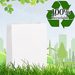 Eupako Paper Bags 8x4.25x10.5 100 PCS White Paper Gift Bags with Handles Bulk, Kraft Shopping Bags, Party Favor Bags, Merchandise Bags