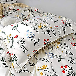 Erosebridal Boho Floral Bedding Set Yellow Flower Duvet Cover Blue Red Blossom Comforter Cover Botanical Country Garden Leaf Branch Quilt Cover for Kids Girls Women Room Decor Full Size,White Brown