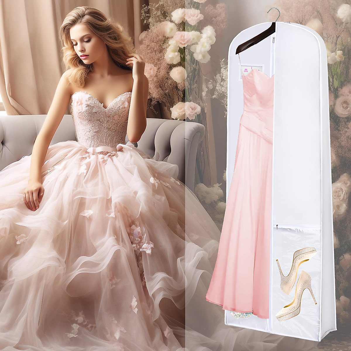 Hiitytin 70" Wedding Dress Garment Bag with 10'' Gusseted Dress Bags & Bride Tote Bag, 3 Pockets Garment Bag for Wedding Dress, Gown Garment Bag for Long Dresses, Prom Gown Bags, Bride Bag, White (1)