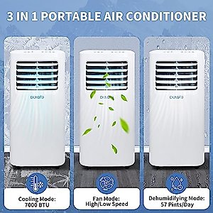 7,000 BTU Portable Air Conditioner, 3-in-1 Portable AC with Cooling/Dehumidifier/Fan/Sleep Modes for Rooms Up to 300 Sq. Ft, with 24-Hour Timer & Remote Control & Window Mount Kit