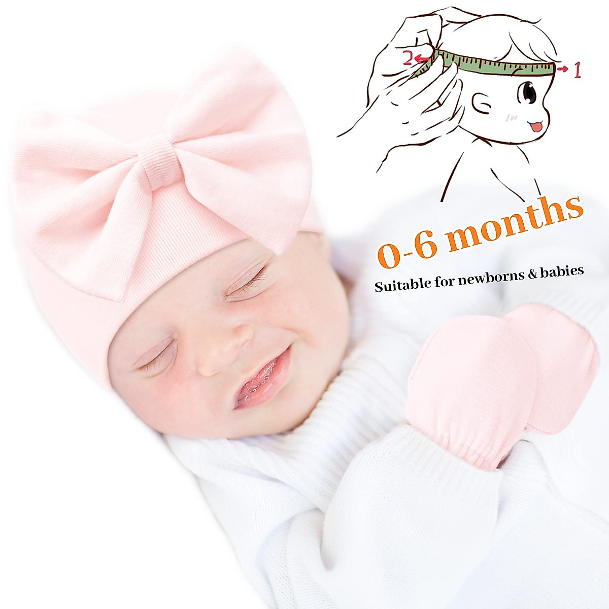 Newborn Hospital Hats Gloves Baby Infant Bow Beanie Cotton Caps No Scratch Hat Mittens Set for 0-6 Months