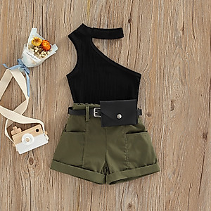 Adobabirl Toddler Baby Girl Summer Outfits Sleeveless Ribbed Halter Top and Shorts Set Kids Fashion Clothes with Belt (Shorts Set with Wasit Bag- Pink,3-4T)