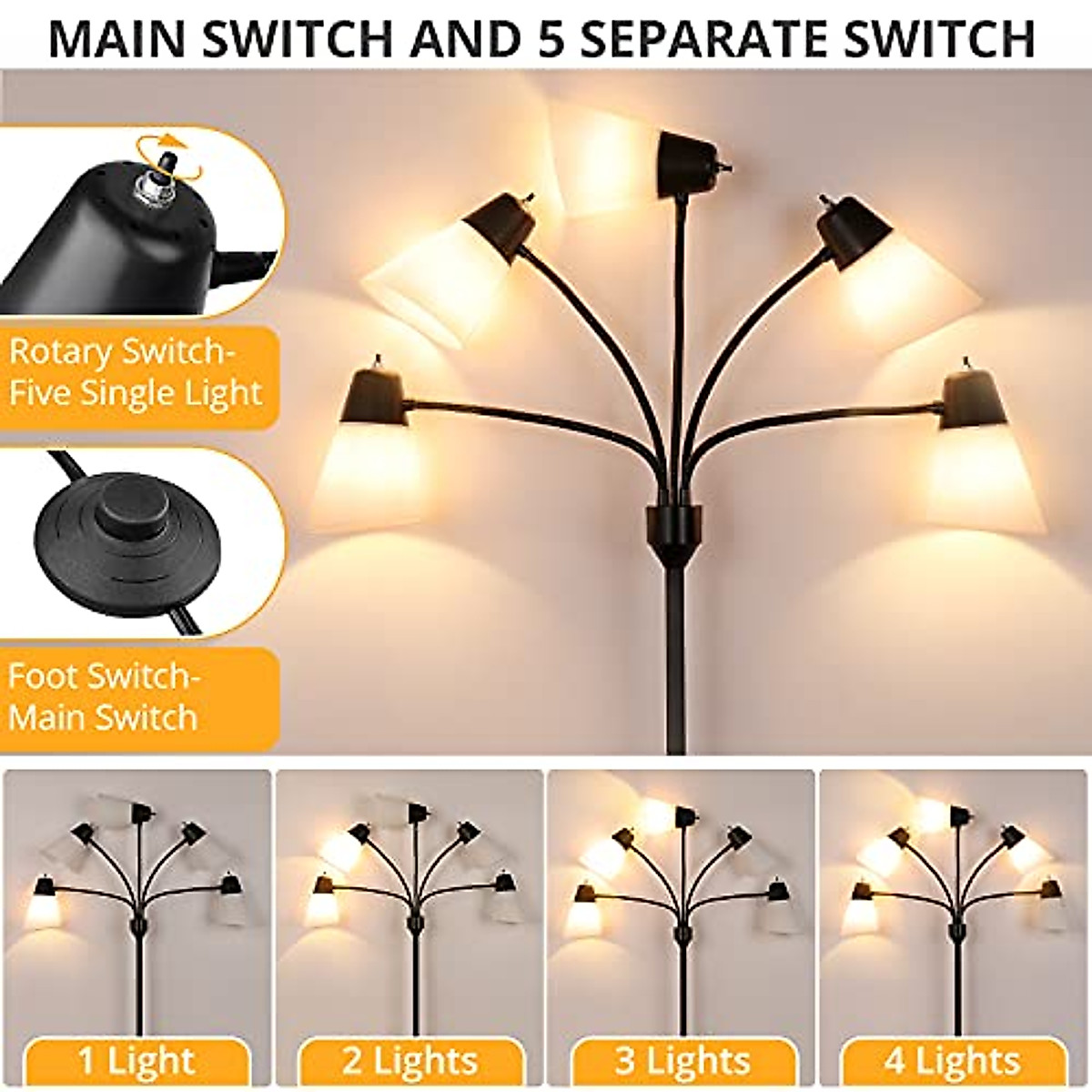 FOLKSMATE LED Floor Lamp, Medusa Multi Head Modern Tall Standing Lamps, Rustic Adjustable Gooseneck Reading Floor Light for Living Room, Bedroom, Kids Room, 5 White & 5 Colored Lamp Shades, Black