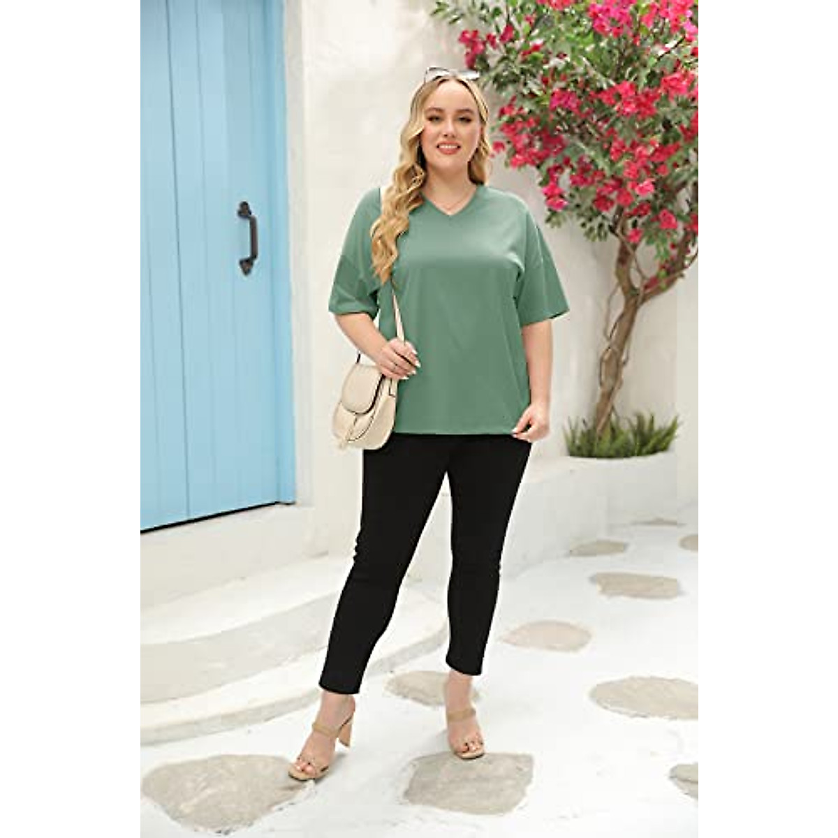 Fisoew Women's Plus Size V Neck T Shirts Summer Half Sleeve Oversized Tees Casual Loose Fit Tunic Tops Green