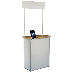 Displays2go Trade Show Display Counter with Mount for iPad – Steel, Corrugated Plastic, MDF, White, Silver Trim, Woodgrain (CTRPIPDCSL)