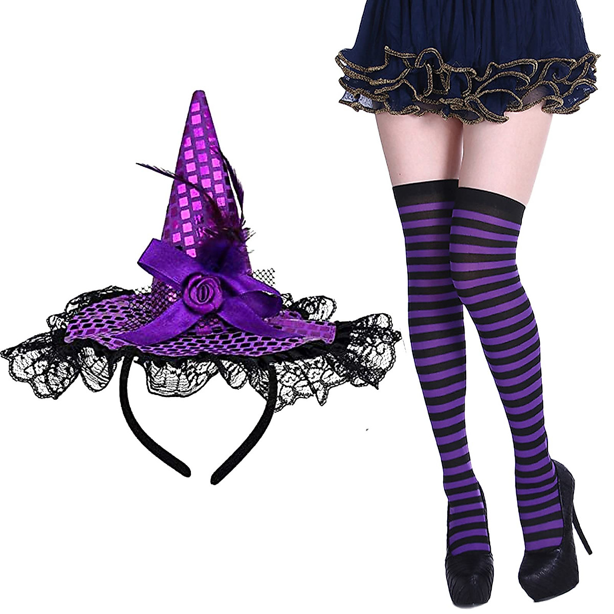 Asikkon Halloween Witch Hat Headband with Lace and Long Striped Socks Knee High Stocking for Halloween Party Favors Supplies Cosplay Costume