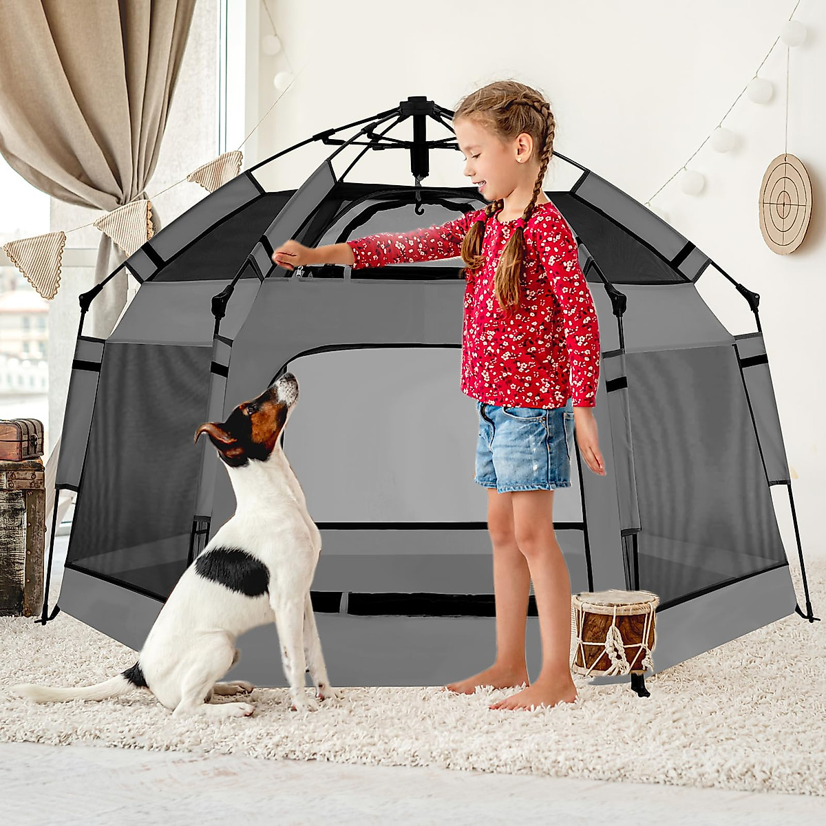 Baby Playpen with Canopy, 2023 Newest Pop Up Baby Beach Tent with Safety Lock, Portable Toddler Play Yard with Travel Bag, 6 Ground Stakes, 6 Sand Stakes, 1 UV Cover for Indoor Outdoor Beach