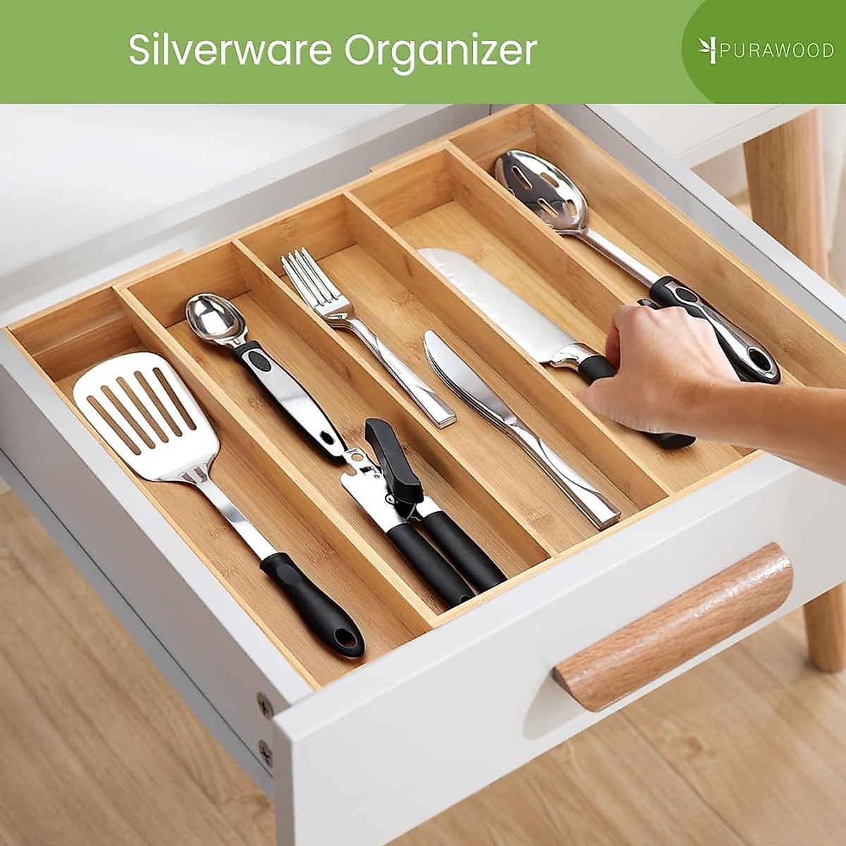 Premium Bamboo Silverware Organizer - Expandable Kitchen Drawer Organizer and Utensil Organizer, Perfect Size Cutlery Tray with Drawer Dividers for Kitchen Utensils and Flatware (3-5 Slots) (Natural)