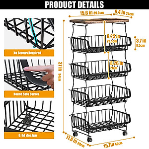Gsiekare Fruit Vegetable Basket for Kitchen, 5 Tier Stackable Fruit Vegetable Storage Baskets with Wheels, Metal Wire Storage Basket Organizer Cart for Kitchen, Pantry, Bathroom