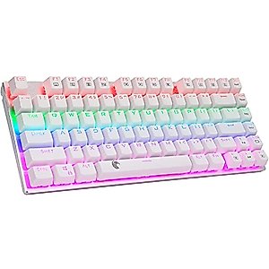 HUO JI 65% Mechanical Gaming Keyboard, E-Yooso Z-88 with Blue Switches Metal Panel Rainbow LED Backlit, Compact 81 Keys, Silver and White