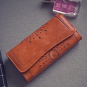 LIOONS Wallet Vintage Pu Leather Wallet Women's Large Capacity Card Holder Portable Practical Long Coins Pocket Hollow Durable Tear-Resistant