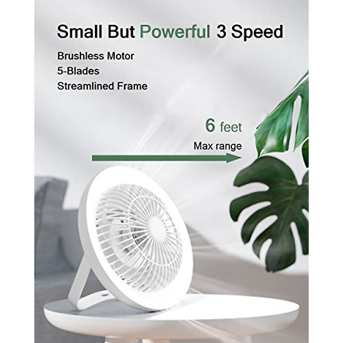 Small Desk Fan Battery Operated 8", 3 Speed Upgraded Max 20H Powerful Airflow, Circular LED Light, Rechargeable USB Fan, Table Fan for Camping, Bedside, Desk, Quiet Small Fan, 90° Tilt Stand