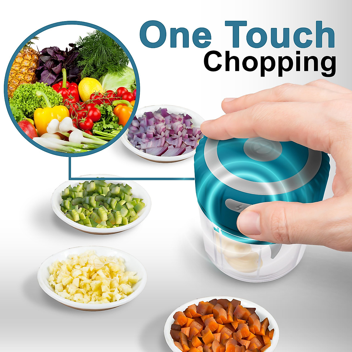 Real Simple Electric Mini Food Processor | Great for Garlic, Onion, Ginger, Jalapeño, Mini Chopper for Quick Food Prep Station | Portable USB Charging, 250 ML Food Container | Blue