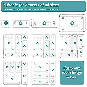QUEFE 39 PCS Clear Drawer Organizer Set, 4-Size Plastic Drawer Organizers Trays Bathroom Organizers Dresser Storage Bins Separation Box for Makeup, Jewelries, Gadgets, Bathroom, Office, Bedroom.