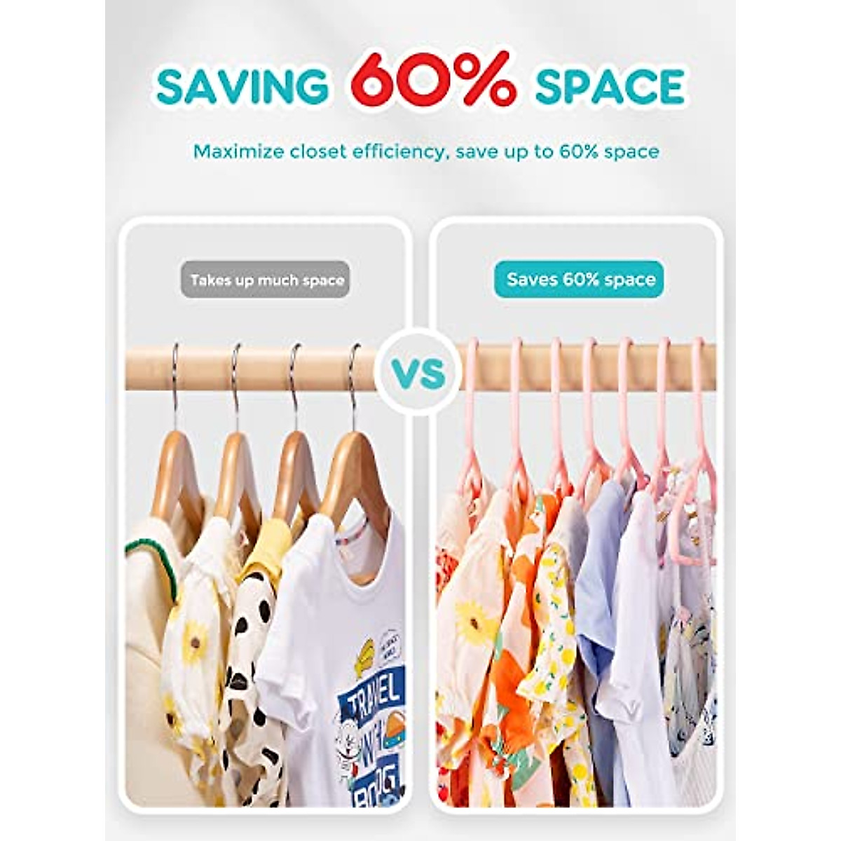 Smartor Pink Plastic Baby Hangers 60 Pack, Durable Kids Hangers with Dividers, Space Saving Baby Clothes Hangers for Closet, Cute Baby Hangers for Nursery, Clothing Hangers for Infant, Baby, Kids