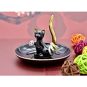 Exembe Happy Cat Posture Trinket Tray Decorative Ring Holder Jewelry Storage Dish Black/Golden Tail