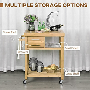 HOMCOM Bamboo Kitchen Island Cart on Wheels, Utility Trolley Cart with 2 Storage Drawers and Open Shelves, Natural