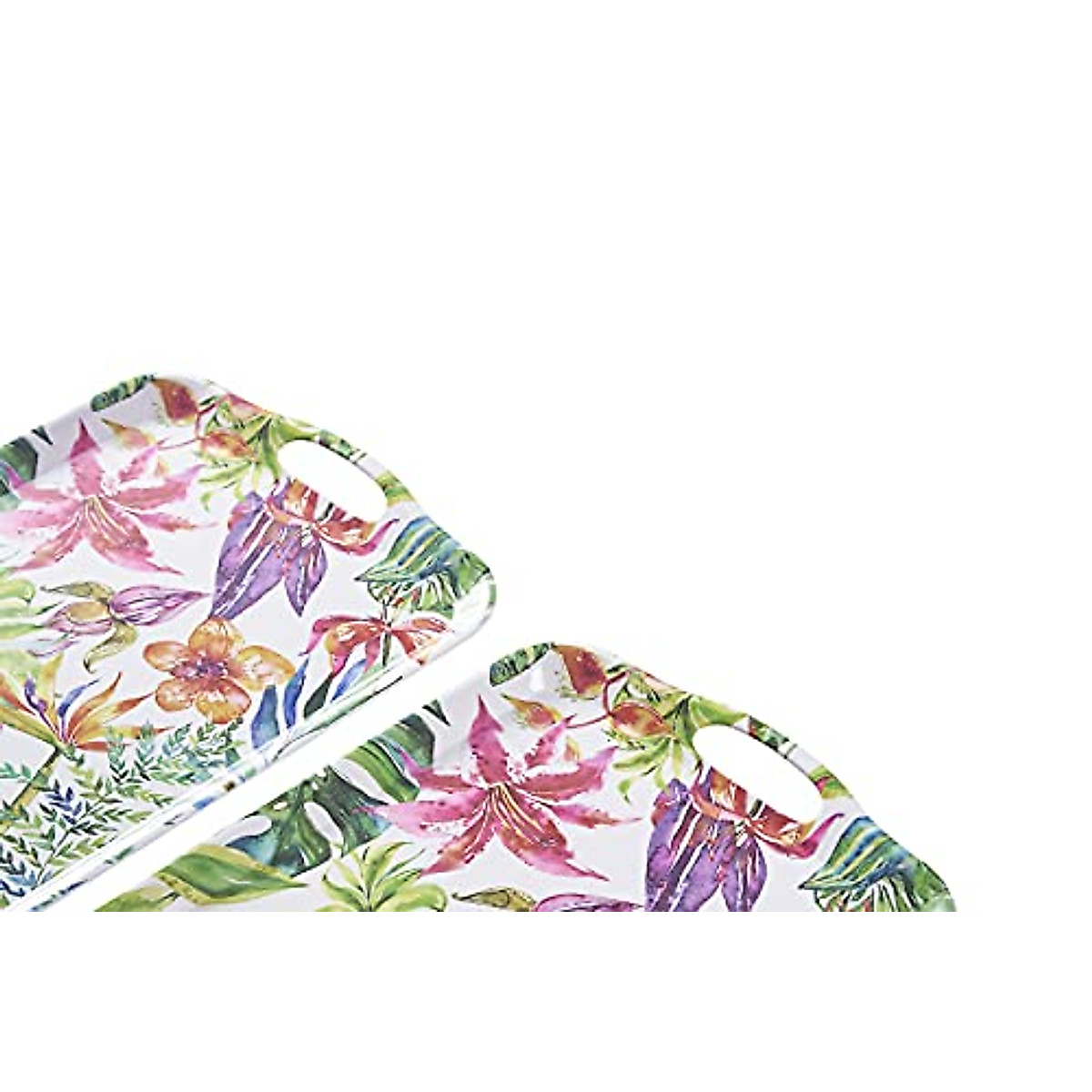 Blue Boat 16.5" x 11.5" Rectangular Melamine Serving Tray Set of 2 Floral, Light Weight Easy to Clean Sturdy Stackable Serving Tray with Handle, Fruit, Snacks, and Desserts Trays, TV Trays