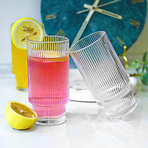 VKDONE Ribbed Glasses, Ribbed Glassware Set of 6, 12 oz Origami Style Glass Cups Vintage Glassware, Heavy, Ridged Glass for Juice, Iced Coffee, Tea, Cocktail, Whiskey, Beer