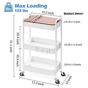 TOOLF 3-Tier Rolling Cart, Metal Utility Cart with Detachable Tray Top, Storage Craft Art Cart Trolley Organizer Serving Cart Easy Assembly for Office, Bathroom, Kitchen, Kids' Room, Classroom