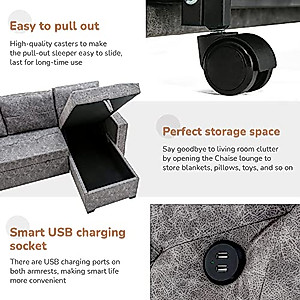 WOJ Life 84" Sectional L Shaped Sofa, Modern Modular Convertible Corner Couch, Two Seats Sofá Bed with 2 USB Chargers, Storage Chaise, Sleeper Independent Use as Coffee Table, Nail Headed, Gray