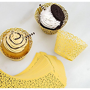 SUYEPER 100pcs Cupcake Wrappers Artistic Bake Cake Paper Cups Little Vine Lace Laser Cut Liner Baking Cup Muffin Case Trays for Wedding Party Birthday Decoration (Gold)