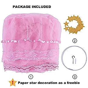 Twinkle Star Kids Netting Princess Bed Canopy 3 Layers Lace Ruffle Dome for Baby, Girls (Pink)