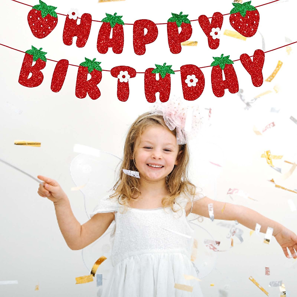 BIEUFBJI Strawberry Happy Birthday Banner, Glitter Strawberry Banner, Strawberry Theme Birthday Garland for Birthday Party Hanging Decorations