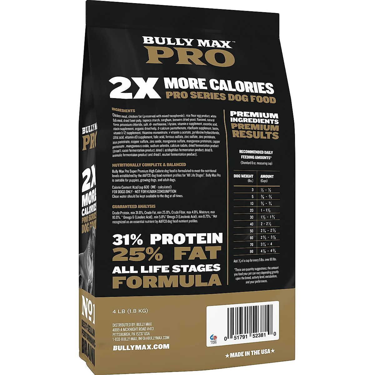 Bully Max Pro 2X High Calorie & High Protein Dry Dog Food for Puppy & Adult Dogs - Healthy Weight Gain & Muscle Building for Small & Large Breeds - Slow-Cooked, 600 Calories/Cup, Chicken Flavor, 4lb.