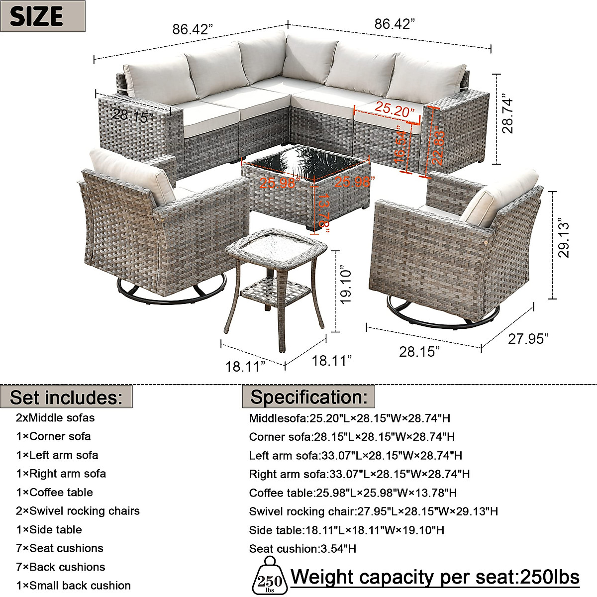 XIZZI Patio Furniture Sets Outdoor Sectional Sofa Swivel Rocking Chairs 9 PCS All Weather PE Wicker Conversation Couch and Matching Side Table,Beige