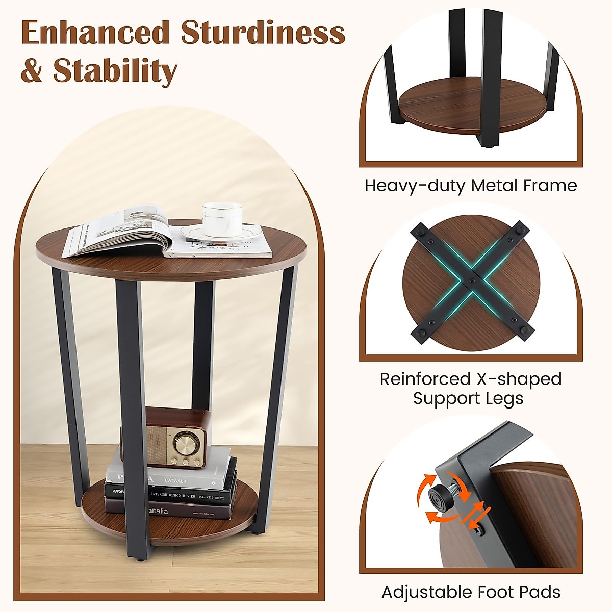 Giantex Round End Table Set of 2, 2-Tier Side Sofa Table with Open Storage Shelf and Metal Frame, Industrial Nightstand Bedside Table for Living Room, Bedroom, Small Space, Accent Furniture, Walnut