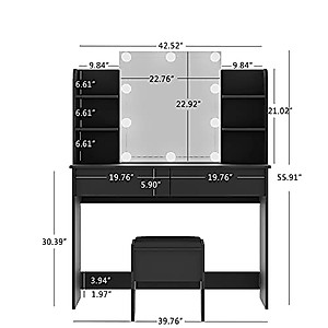 LEVNARY Vanity Set with Lighted Mirror, Makeup Vanity Table with Lights, Makeup Desk Dressing Table with 2 Large Storage Drawers & Cushioned Stool for Bedroom (Black)