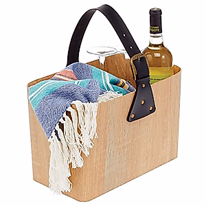 mDesign Rectangle Basket Tote Bin Organizer with Attached Handle for Magazines, Blankets, Throws - Portable - Natural