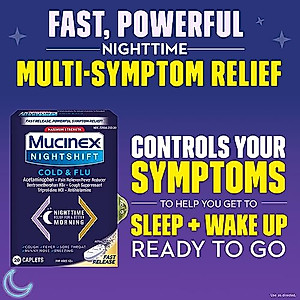 Mucinex Nightshift Cold & Flu, Maximum Strength Powerful Multi-symptom Nighttime Relief, 20 Fast Release Caplets - Pain Reliever/Fever Reducer, Cough Suppressant, Antihistamine