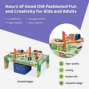 50 Piece Wooden Train Set with Activity Table & Storage Bin - 100% Hardwood Track, Engine, Oil Tanker, Caboose, Fire Engine, Station, Policeman, Farm Animals. Compatible with All Major Brands