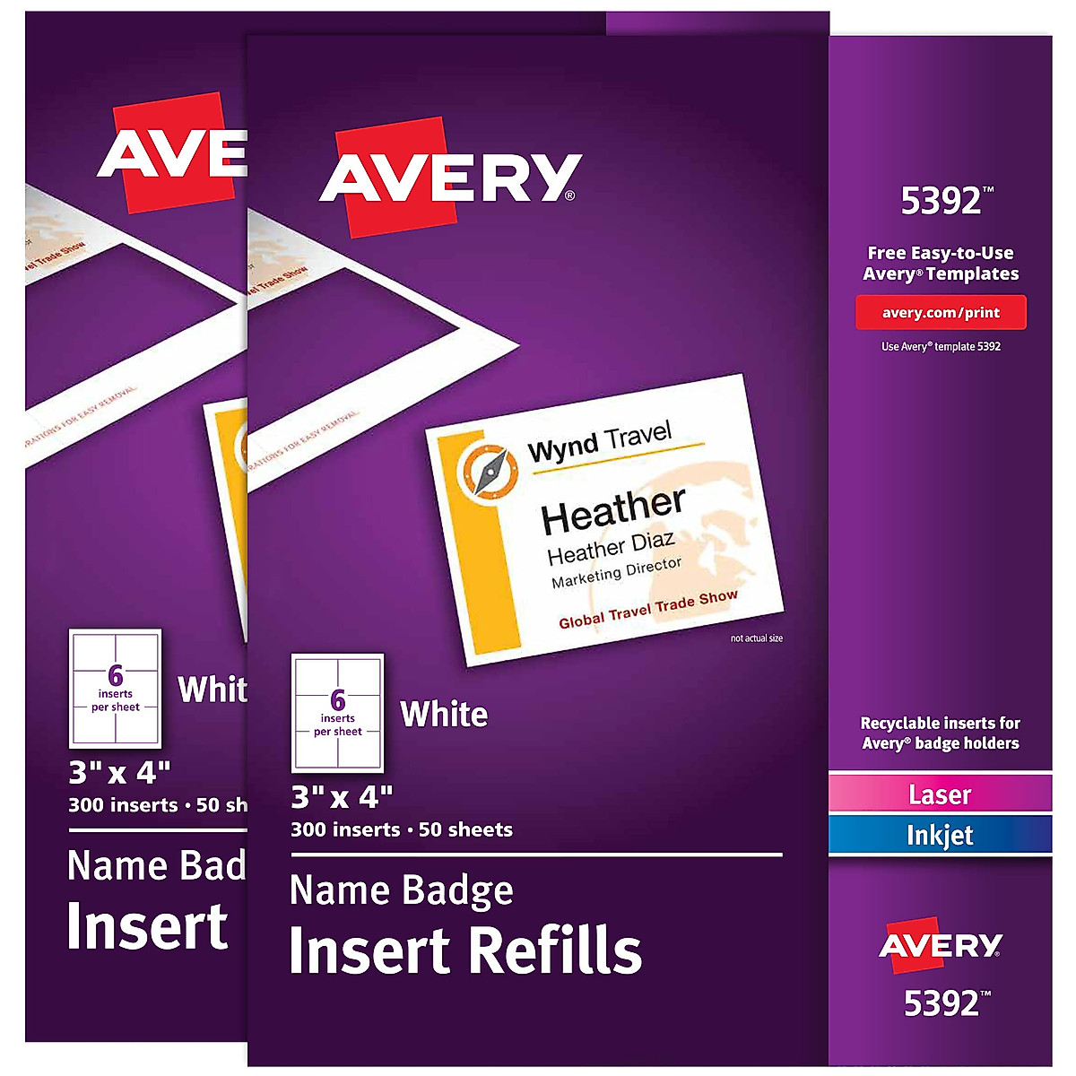 Avery Customizable Name Badge Inserts, 3" x 4", White, 2 Packs of 300, 600 Printable Name Tag Inserts Total (35392)