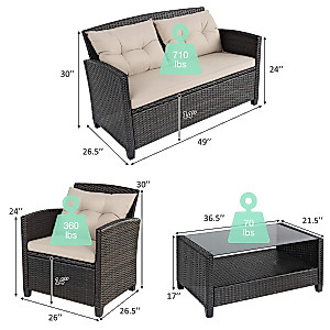 Tangkula 4-Piece Outdoor Rattan Furniture Set, PE Rattan Wicker Sectional Sofa with Loveseat Chair & Glass Table, Patio Cushioned Conversation Sets for Backyard Porch Garden Poolside (1, Brown)