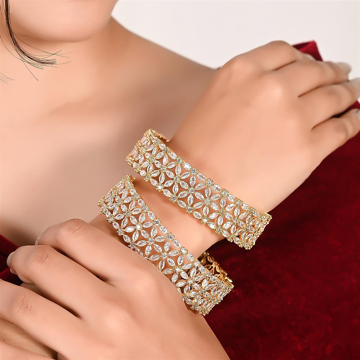 Ratnavali Jewels CZ Zirconia Gold Tone Marquise Diamond Elegant Bollywood Indian Bangles Kada Jewelry Women Wedding Bride