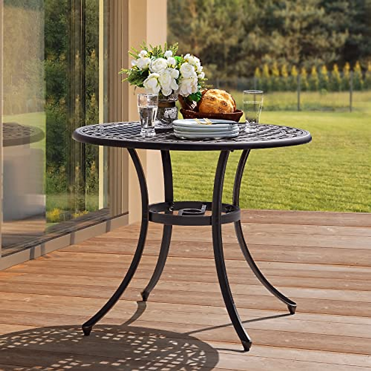 Nuu Garden 36 Inch Patio Dining Table with Umbrella Hole, Outdoor Cast Aluminum Bistro Table, Black with Antique Bronze at The Edge