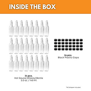 FastRack - 5oz Woozy Hot Sauce Bottles, Pack of 24 with Black Plastic Caps, Empty Small Woozy Bottles, High Grade Clear Glass bottles with Leakproof Cap - No Dripper Included