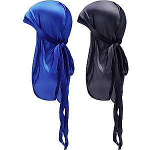 2 Pieces Silky Satin Baby Durags Kids Satin Durag Caps Headwraps with Long Tail and Wide Straps for 360 Waves (Black, Royal Blue)