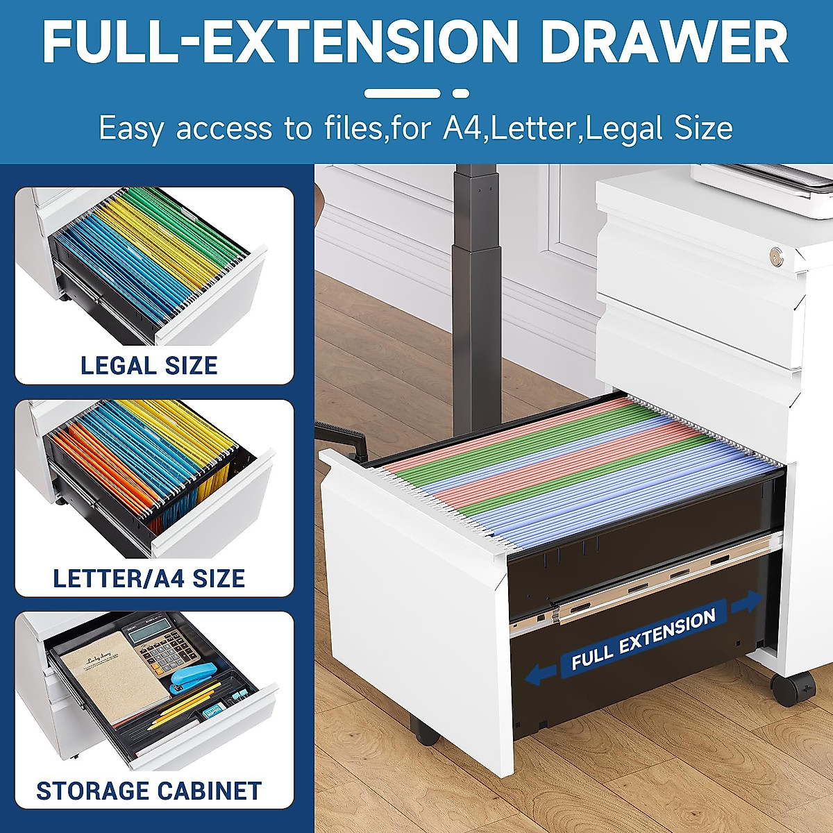 AFAIF 3 Drawer Mobile File Cabinet with Lock, Rolling File Cabinet for Home Office, Under Desk Small File Cabinet, Metal Vertical White Filing Cabinet for Legal/Letter/A4 File, White