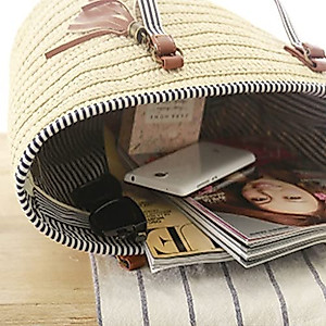 Simple Shoulder Woven Bag Fashion Tassel Pendant Straw Bag Beach Women's Bag Bamboo Basket Tote Bag Travel Soft Bags (Color : Beige)