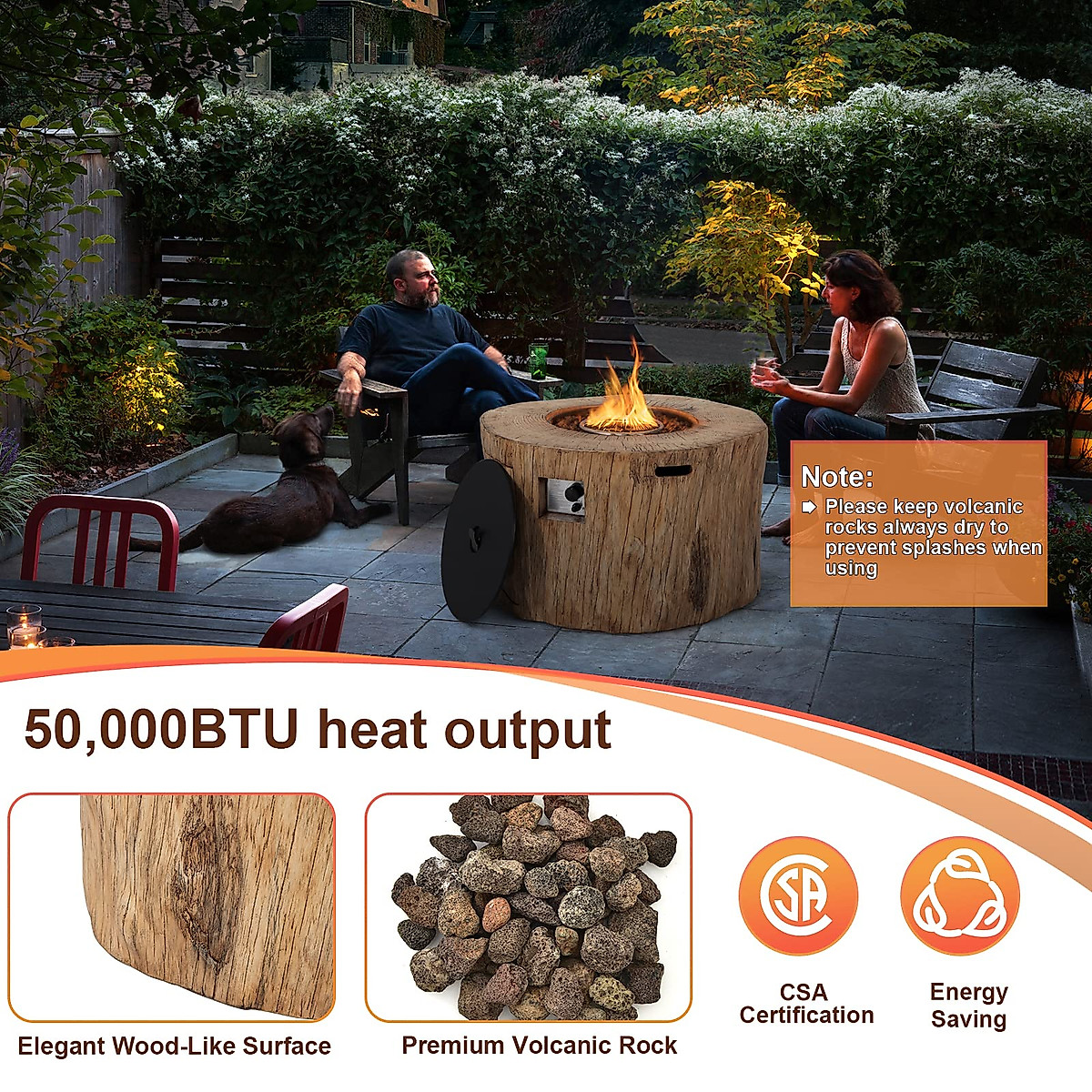 COSTWAY 40" Propane Gas Fire Pit Table, 2-in-1 Outdoor Round Fire Table W/Volcanic Rock & PVC Cover, 50,000 BTU Heat Output, Wood-Like Surface for Backyard, Poolside